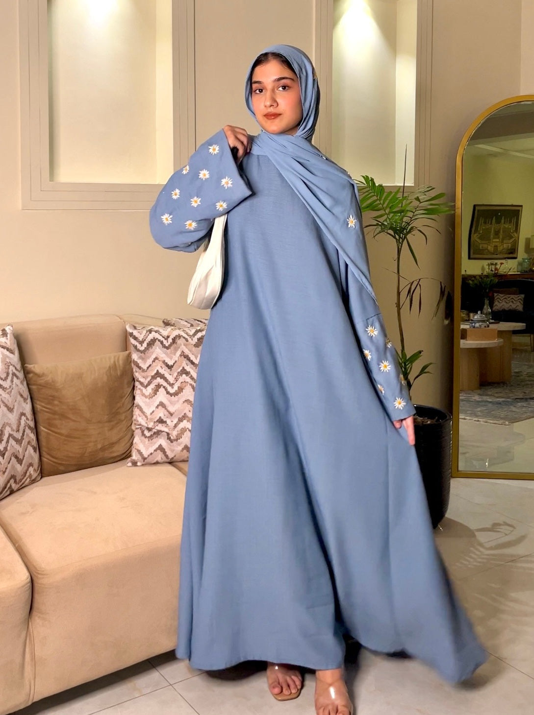 DENIM BLUE - DAISY EMBROIDERED ABAYA SET – PARDAH DAARI